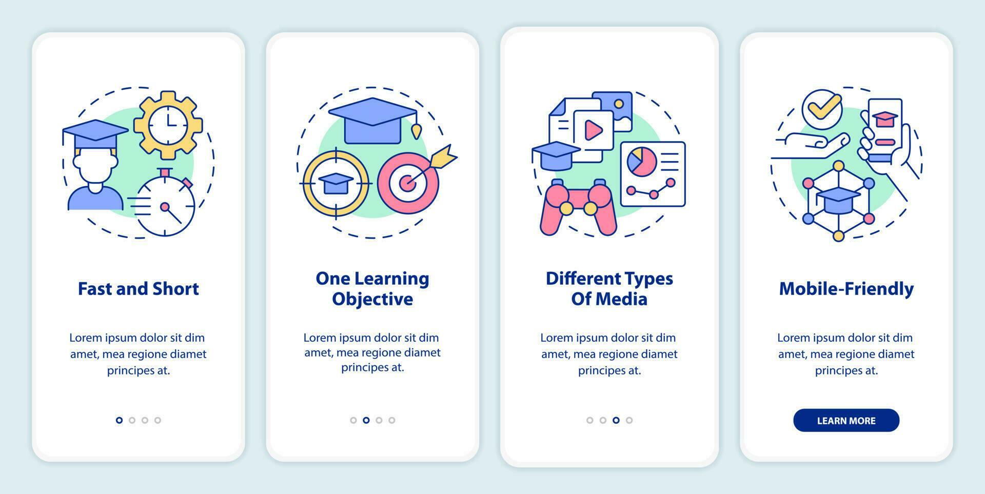Principles of microlearning onboarding mobile app screen. Fast, short walkthrough 4 steps ...