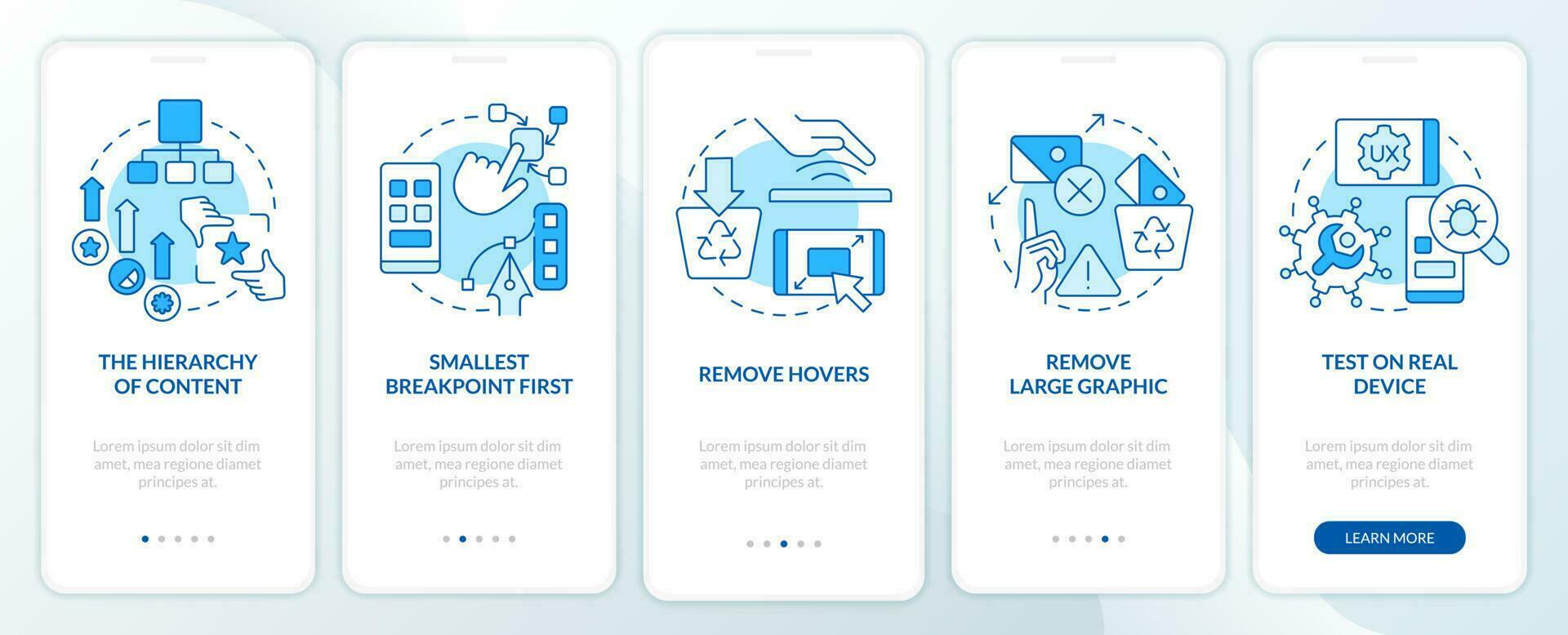 Mobile first design process blue onboarding mobile app screen. Walkthrough 5 steps editable ...