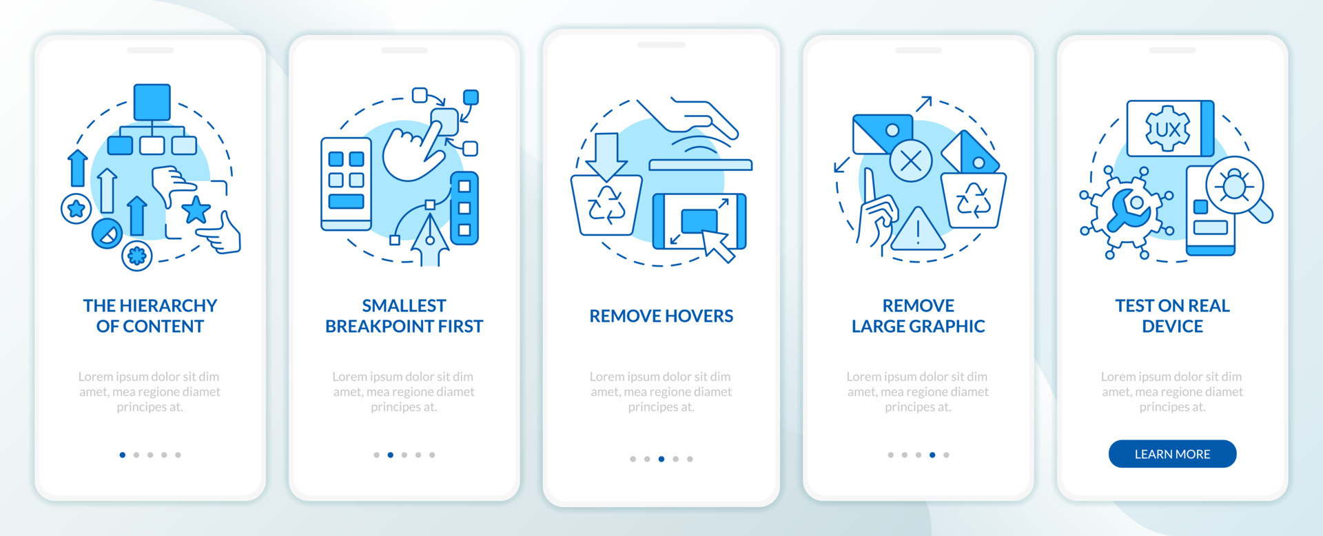 Mobile First Design Process Blue Onboarding Mobile App Screen Walkthrough 5 Steps Editable
