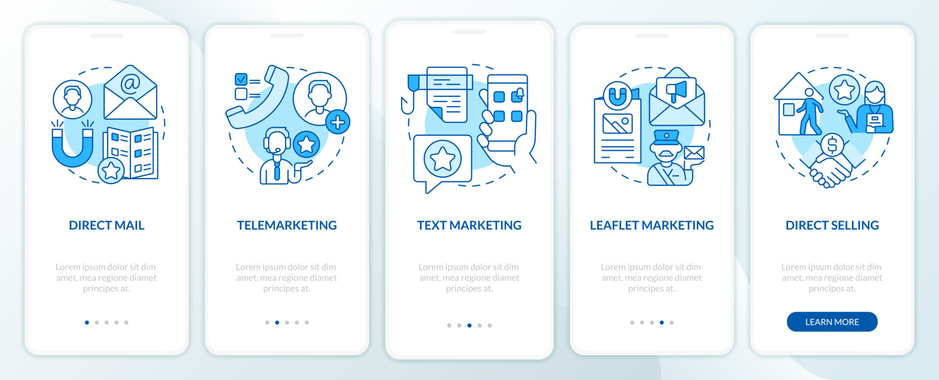 Types Of Direct Marketing Blue Onboarding Mobile App Screen Walkthrough 5 Steps Editable