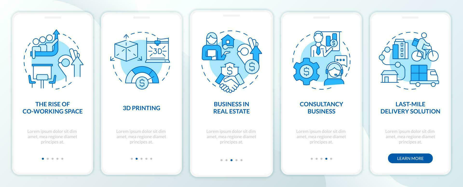 futuro negocio tendencias azul inducción móvil aplicación pantalla. recorrido 5 5 pasos editable ...