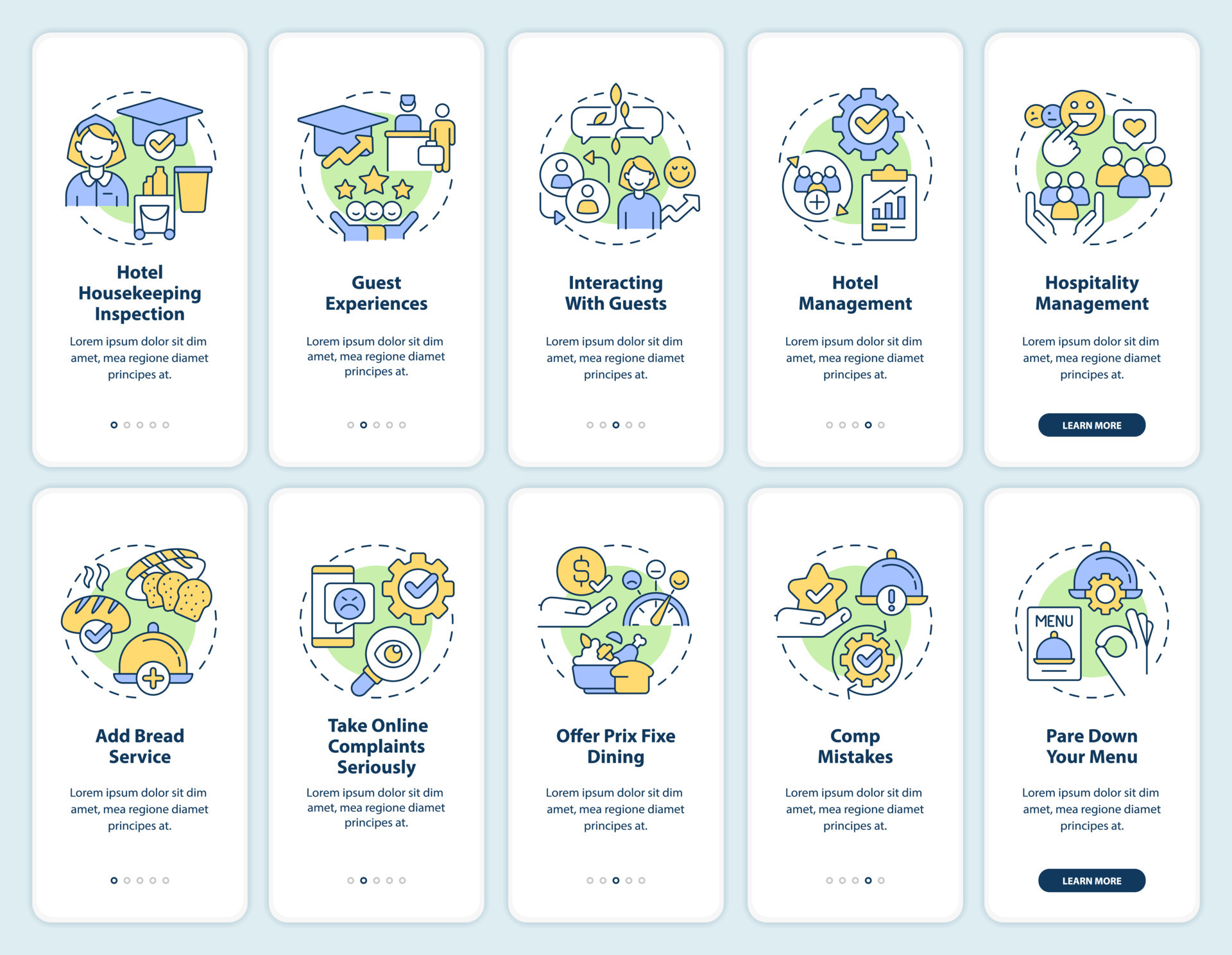 Training In Hospitality Industry Onboarding Mobile App Screen Set Walkthrough 5 Steps Editable