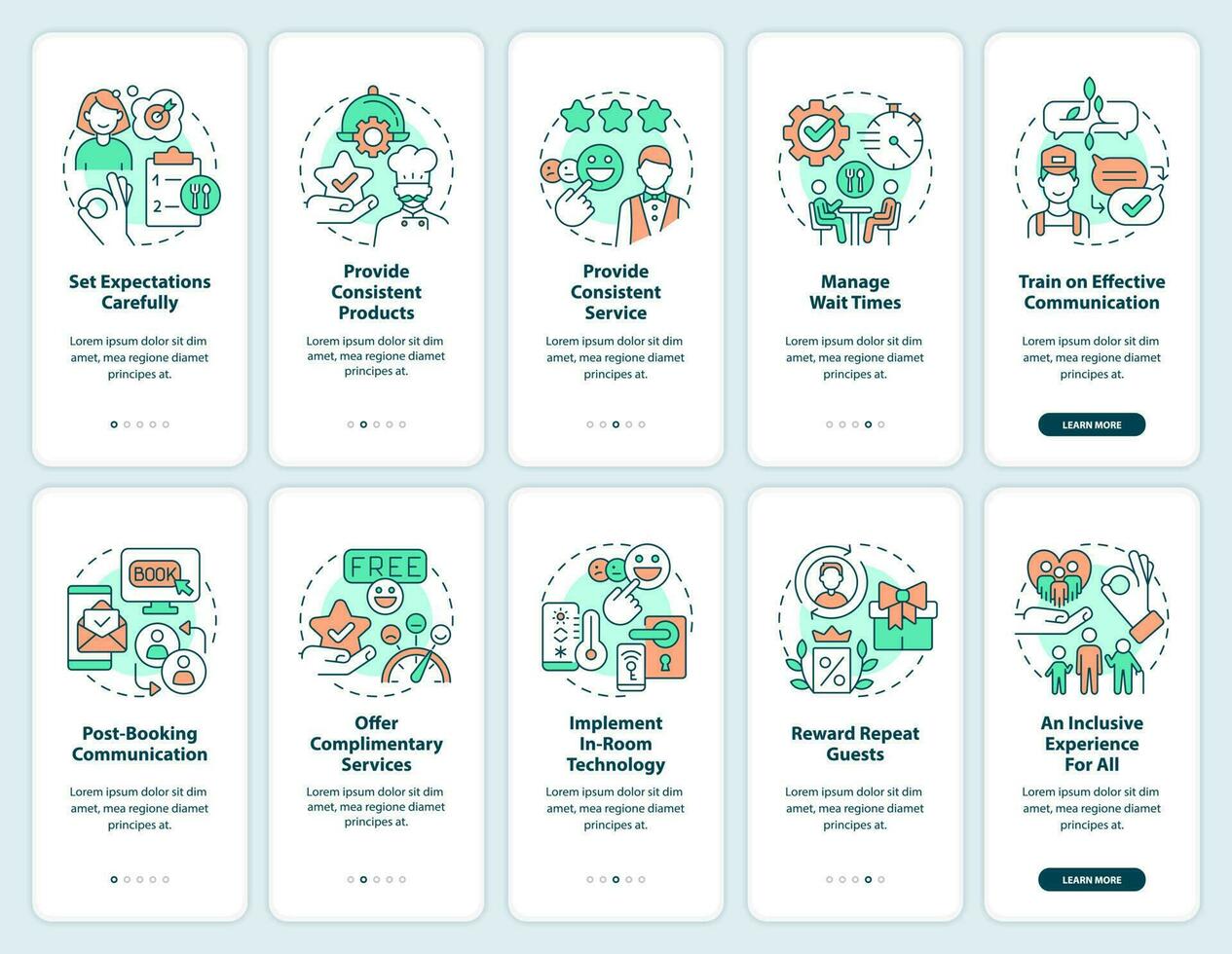 Serving Customers In Restaurant Onboarding Mobile App Screen Set Walkthrough 5 Steps Editable