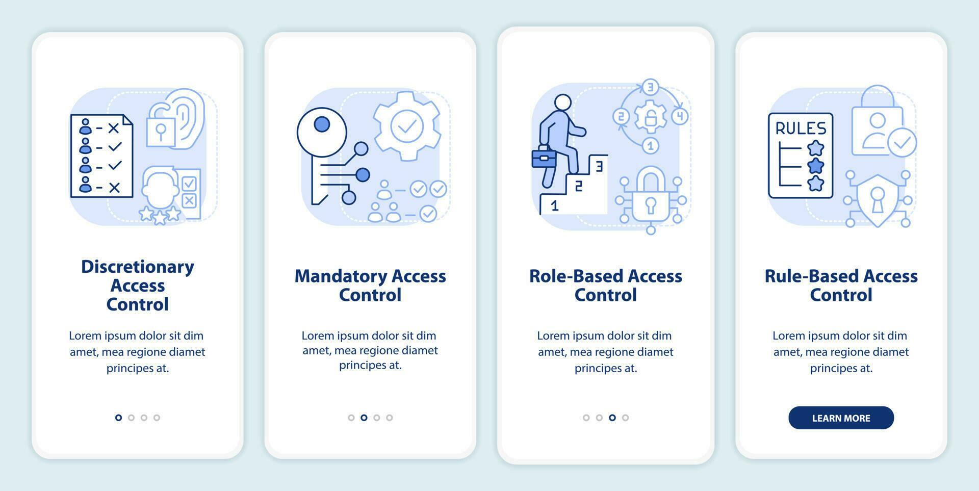 Types of access control light blue onboarding mobile app screen ...