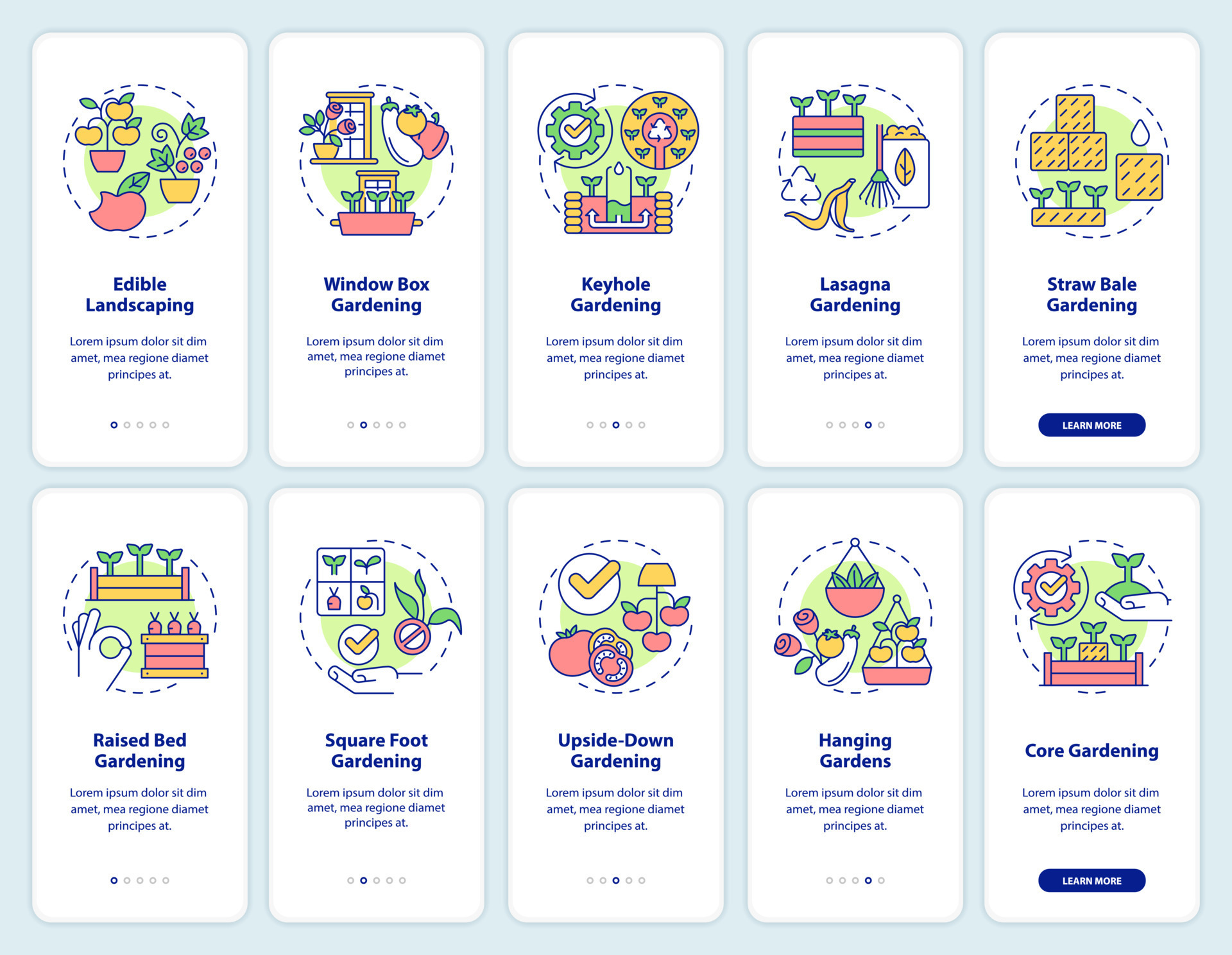 Gardening Methods Onboarding Mobile App Screen Set Planting Walkthrough 5 Steps Editable