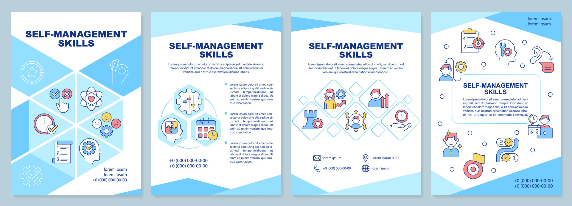 Self-management skills blue brochure template. Efficiency. Leaflet design with linear icons ...