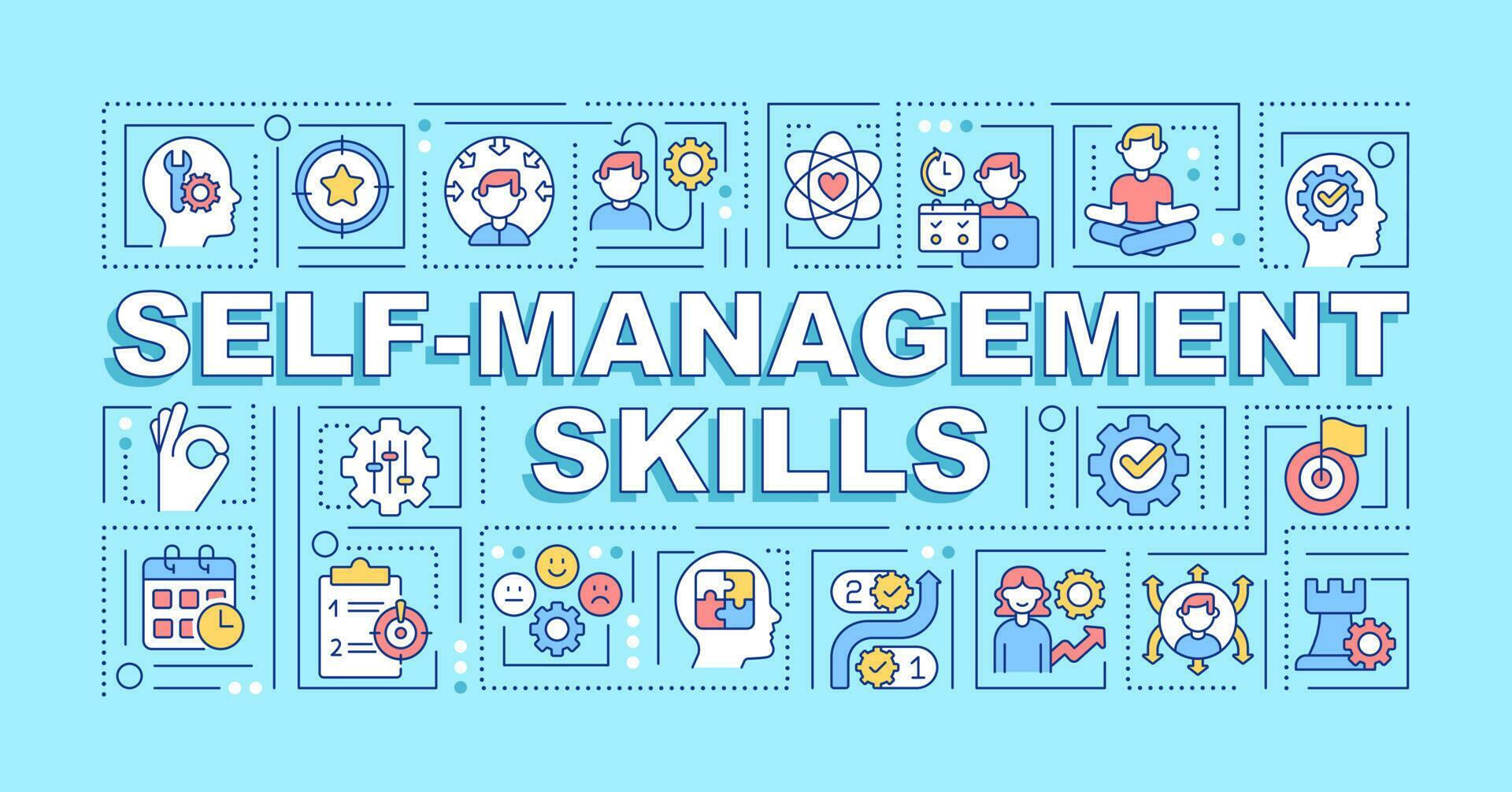 Self-management skills word concepts blue banner. Organization. Infographics with editable icons ...