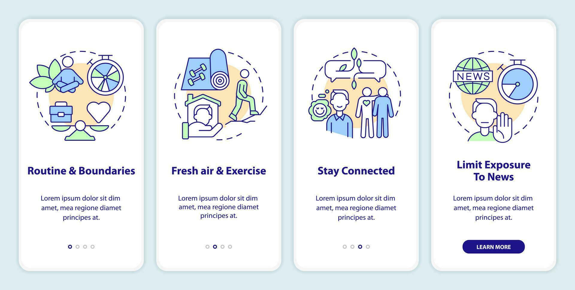 Remote workplace wellbeing tips onboarding mobile app screen. Walkthrough 4 steps editable ...