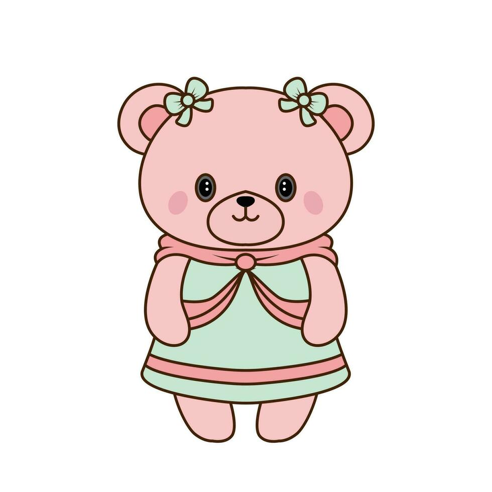 Vector cute bear doll in princess dress icon. Vector pink shy bear with bows and blue dress icon ...