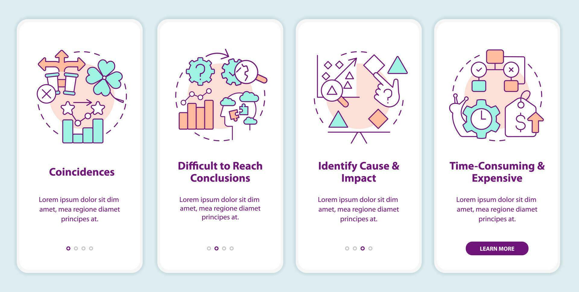 Causal Research Disadvantages Onboarding Mobile App Screen Walkthrough 5 Steps Editable Graphic