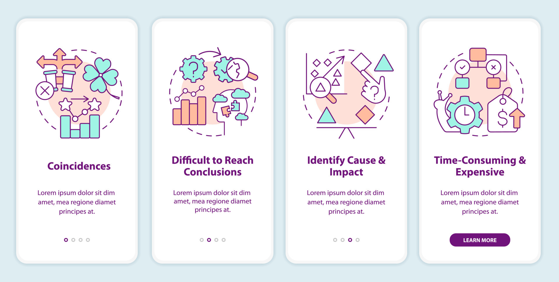 Causal Research Disadvantages Onboarding Mobile App Screen Walkthrough 5 Steps Editable Graphic