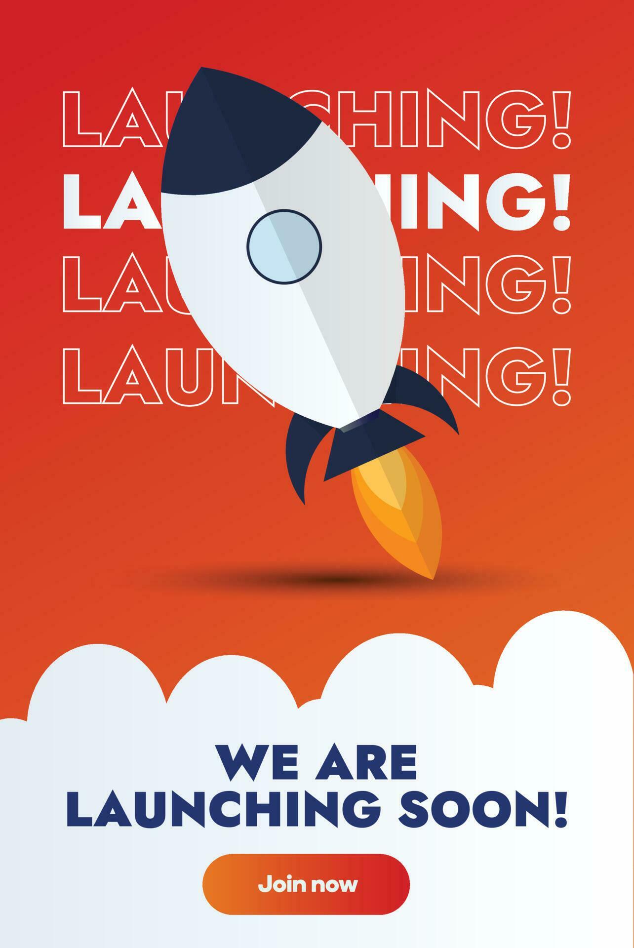 We are launching soon. Startup rocket launching with fire. Launch social media post. Launch ...