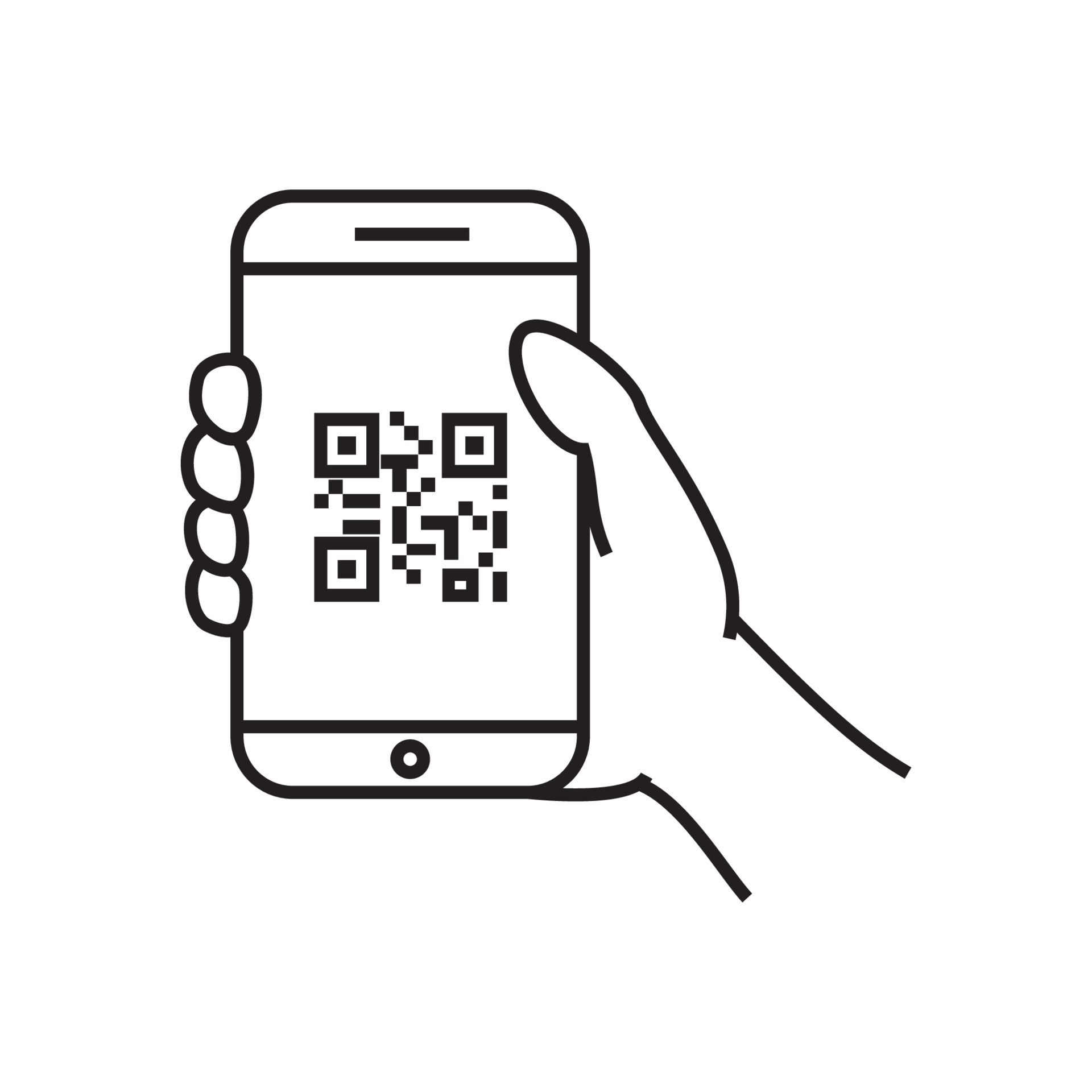 Qr Code Scanning Icon In Smartphone Hand Holding Mobile Phone In Line Style Barcode Scanner