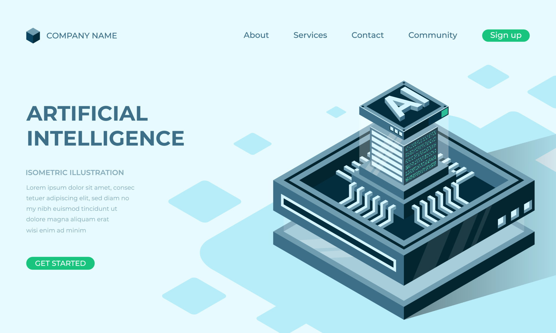 Artificial intelligence isometric landing page. Artificial intelligence chip. Machine learning ...