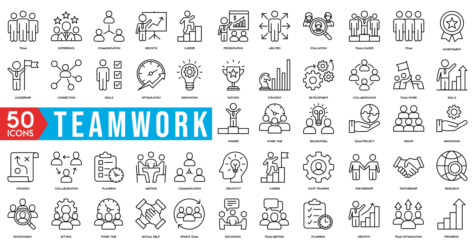 Business Teamwork Team Building Work Group And Human Resources Minimal Thin Line Web Icon Set