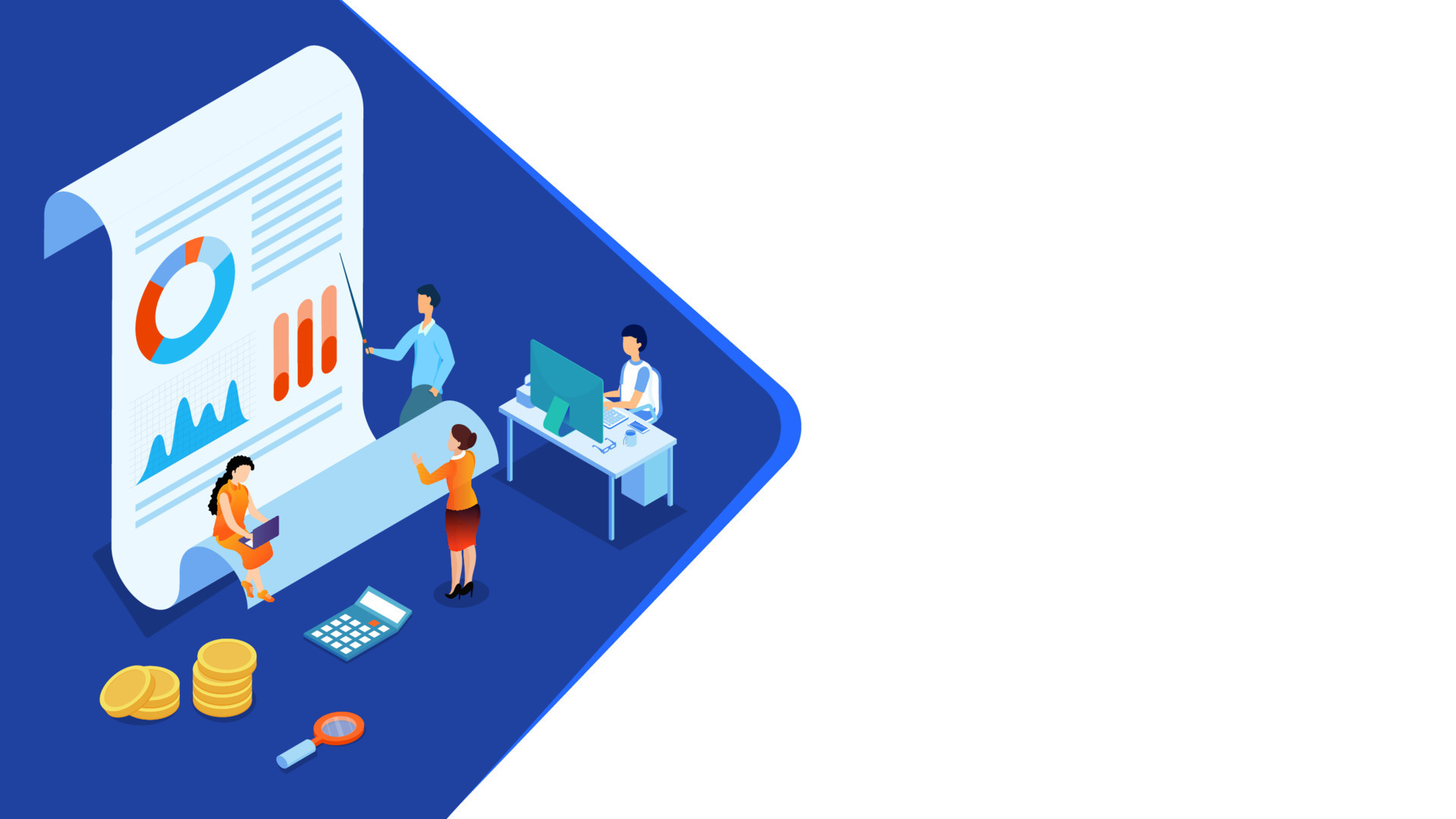 3D illustration of miniature business people maintain the data, report and coins for Data ...