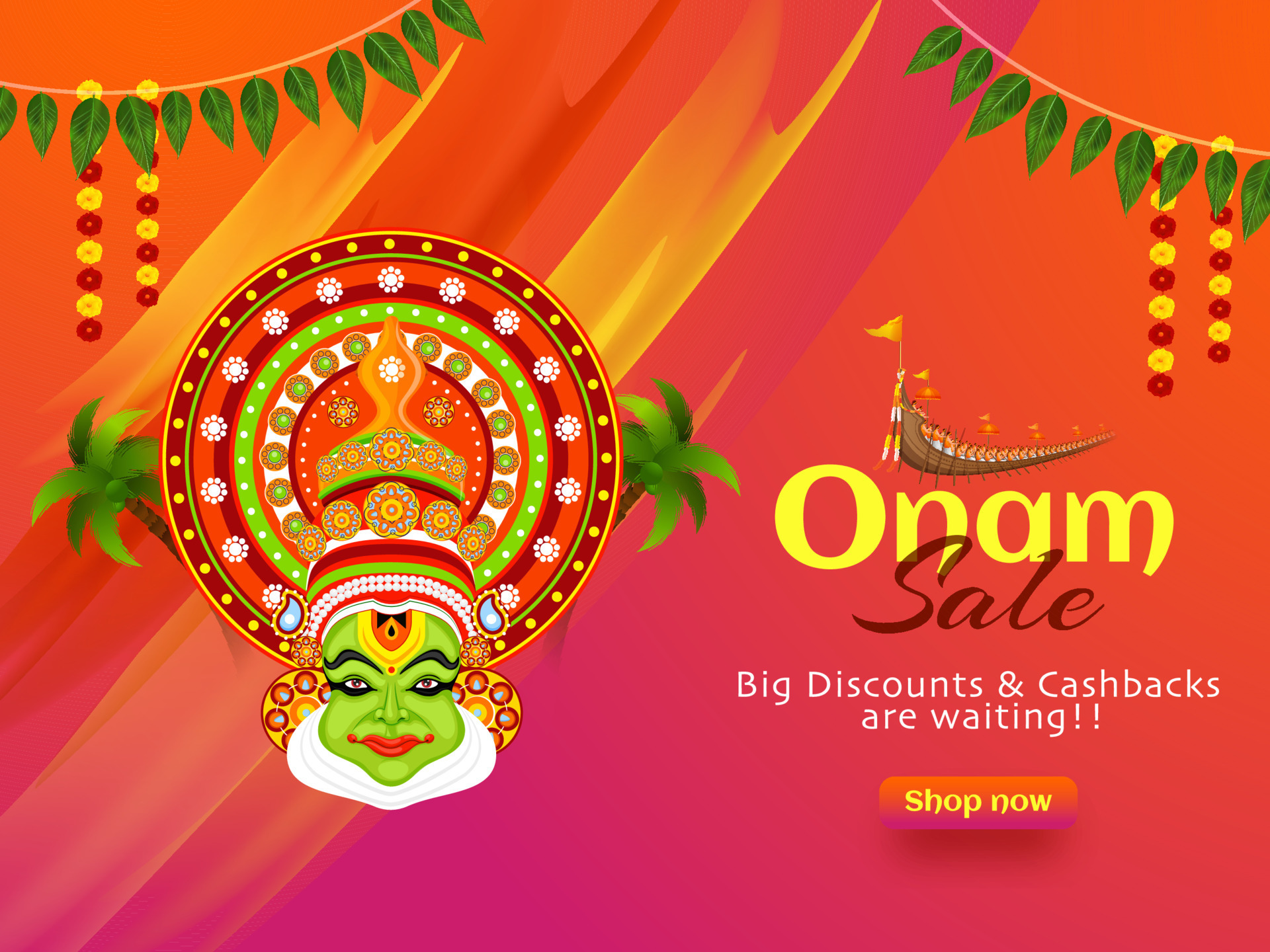 Happy Onam Sale poster or banner design with Big discount and Cashback offer and illustration of ...