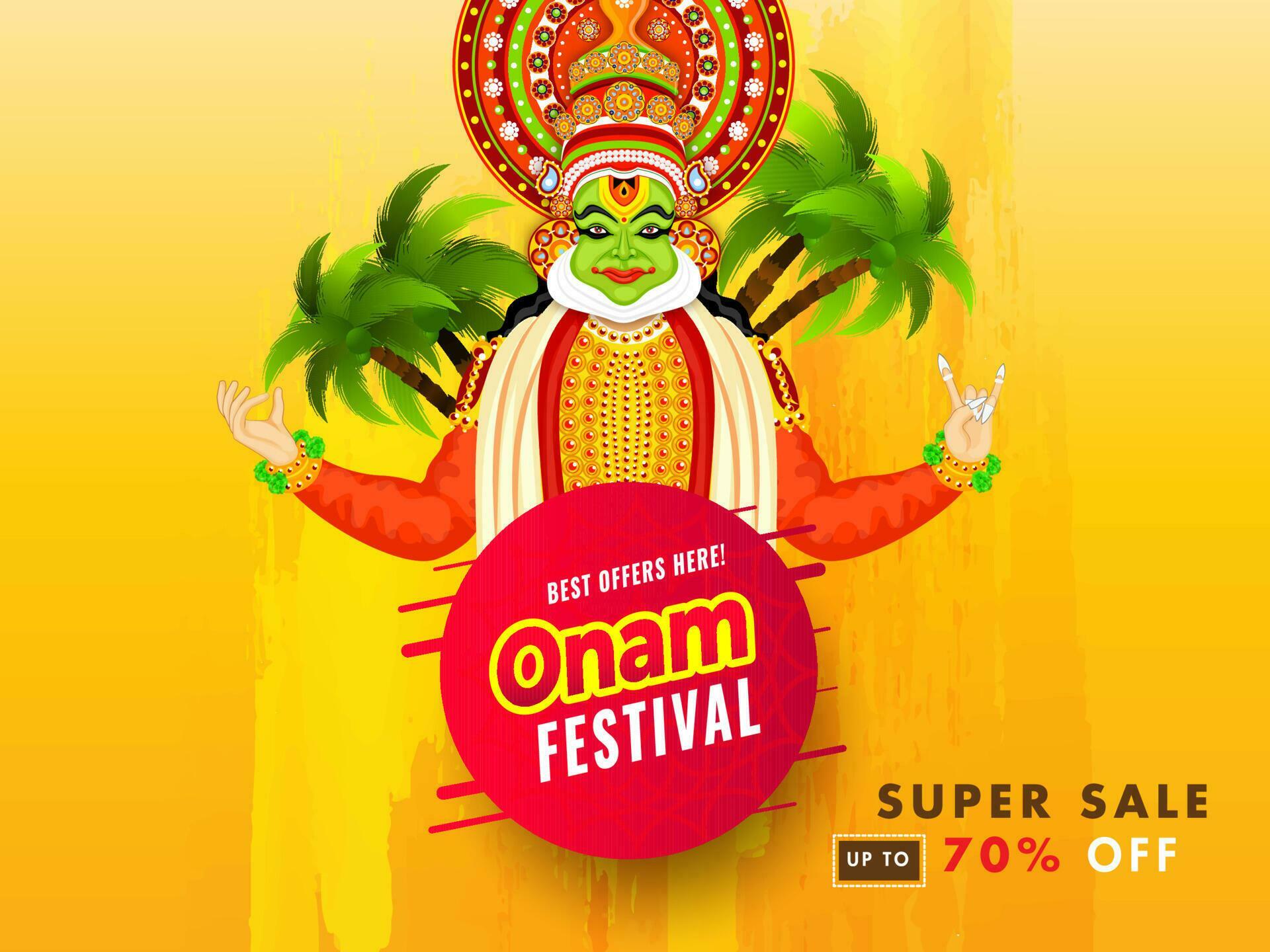 Advertising banner or poster design with illustration of Kathakali dancer and discount offer for ...