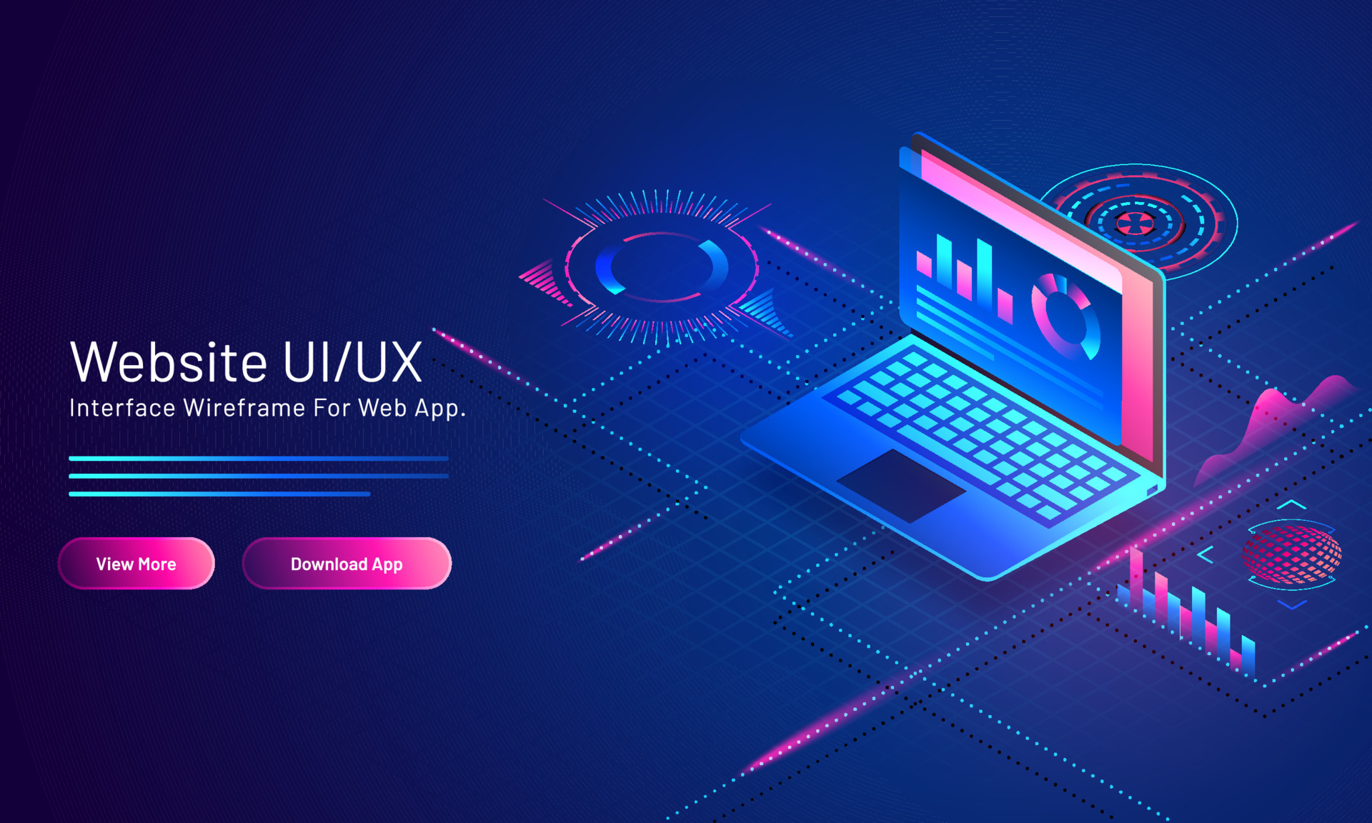 Website UI UX concept based isometric landing page design with analysis data in laptop on blue ...