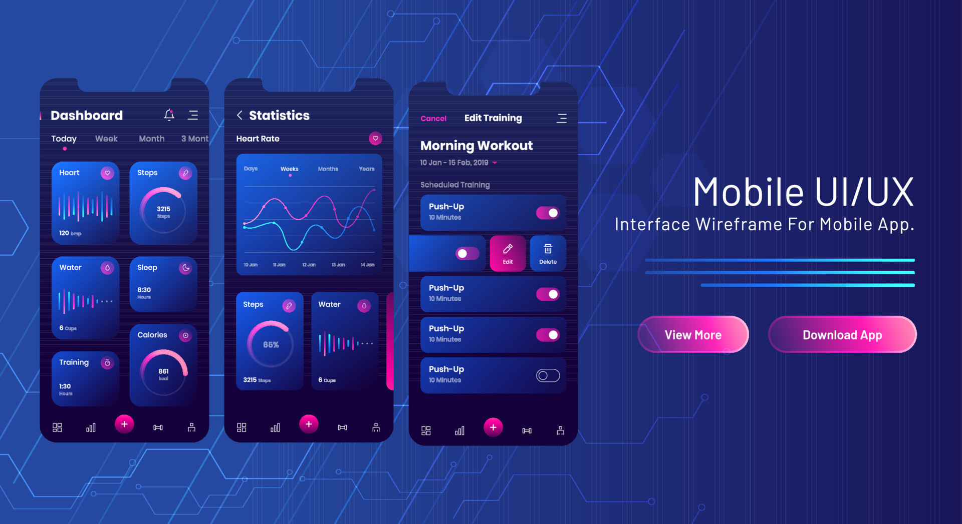 Mobile UI UX web banner design with analysis mobile app screen on blue circuit background ...