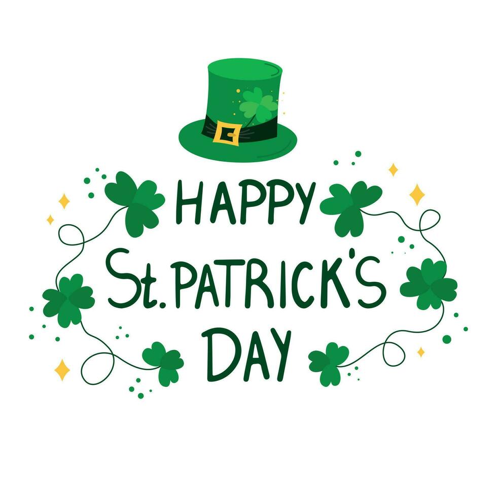 Happy Saint Patricks Day Lettering Sign With Clover Leaves And Green