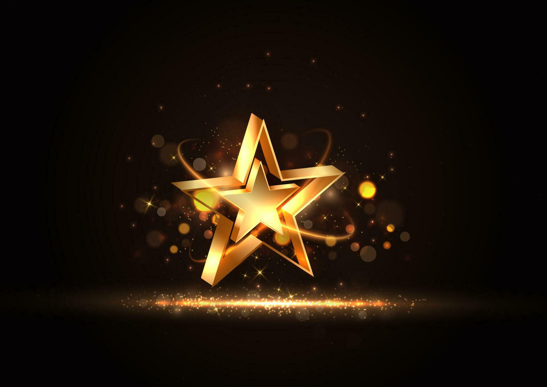 3D golden star with golden on black background with lighting effect and sparkle. Luxury template ...