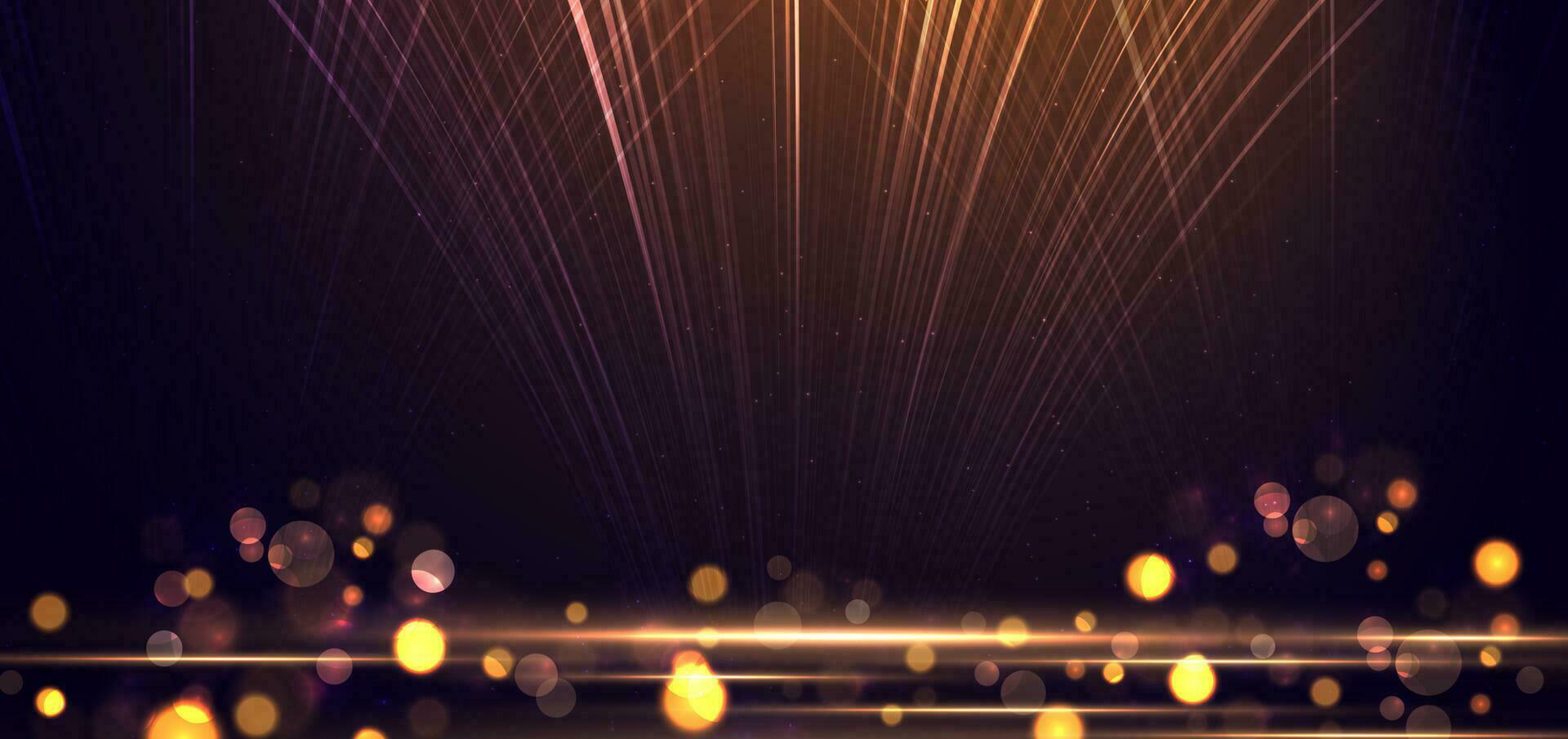 Elegant golden scene vertical glowing with lighting effect sparkle and bokeh on black background ...