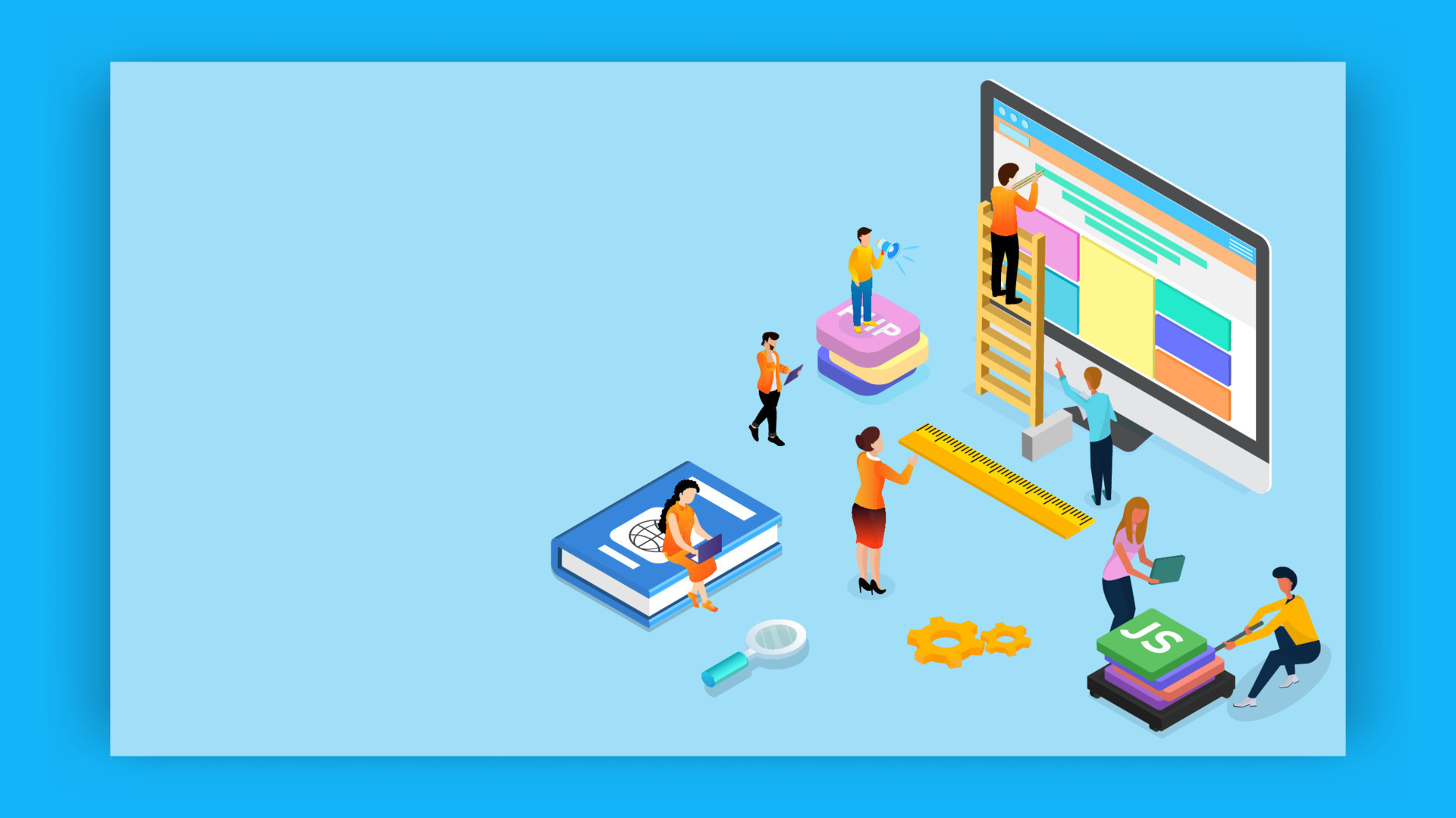 3D illustration of computer, analyst or developer maintain website with different programming ...