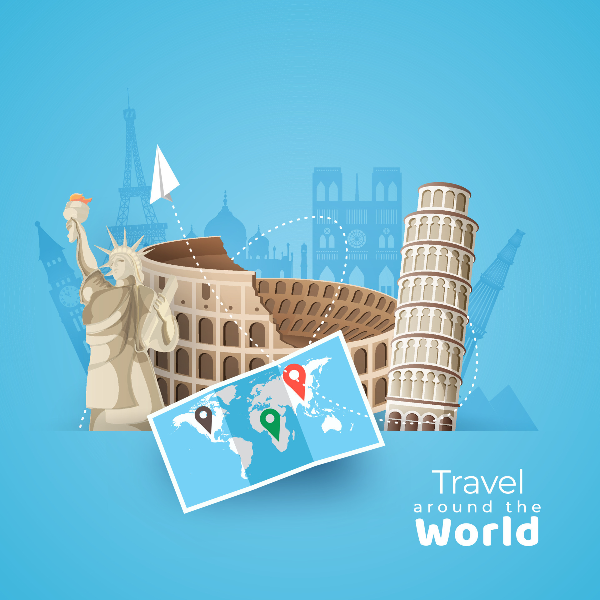 Illustration of world famous monuments with location map and paper ...