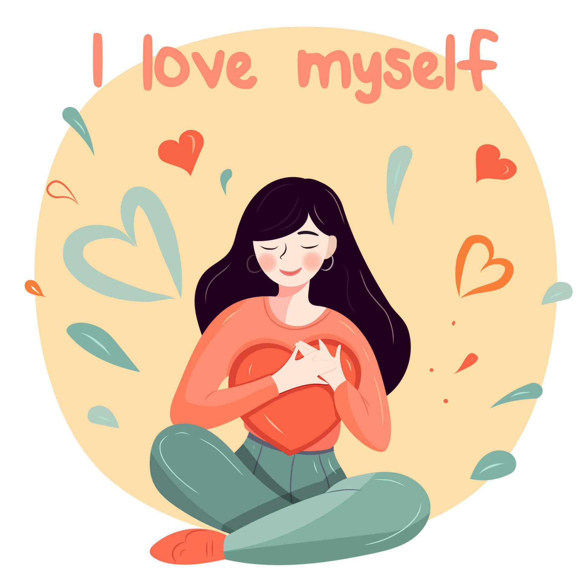 Self love an love yor body concept. The girl hugs herself and presses her heart to her with the ...
