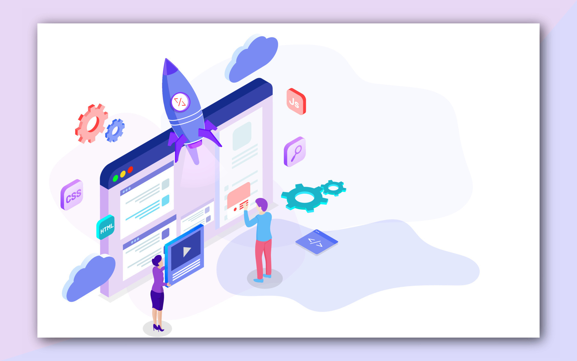 Business people working on project with rocket and different ...