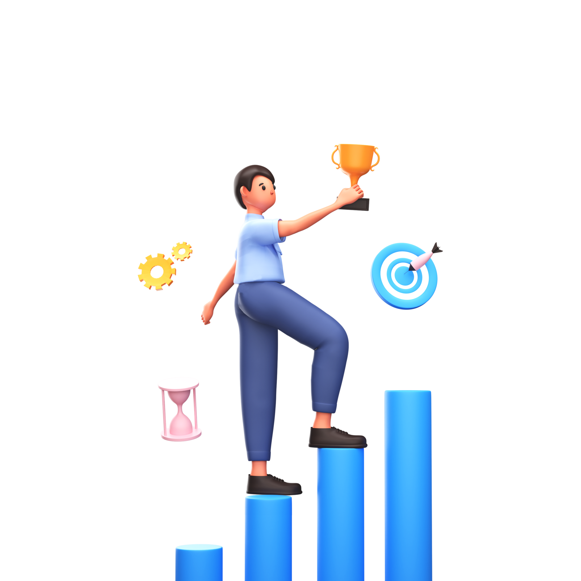 3d Render Of Businessman Holding Trophy Cup At Bar Graph With Target