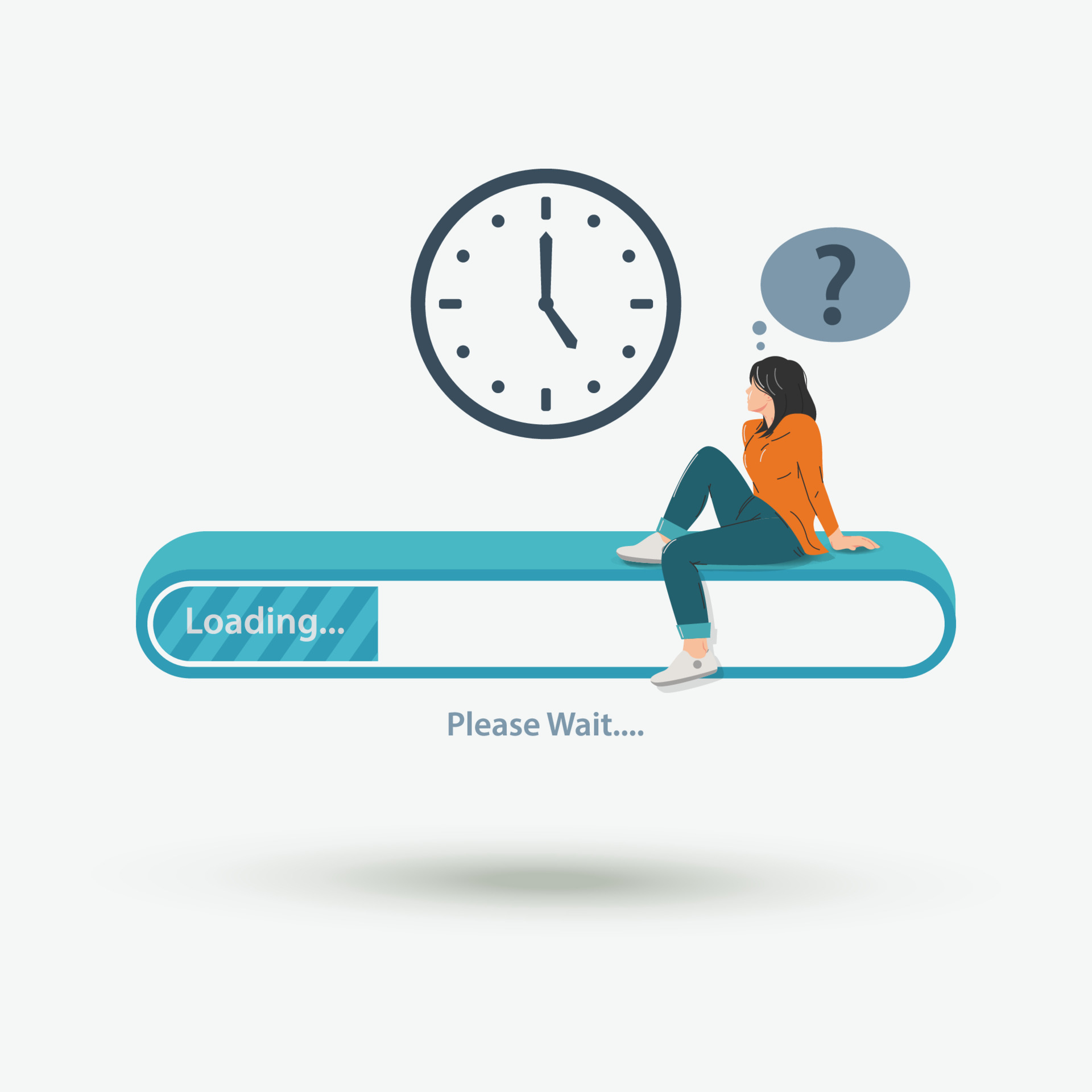Woman Sitting On Loading Bar With Wall Clock Waiting Loading File Process Concept Vector