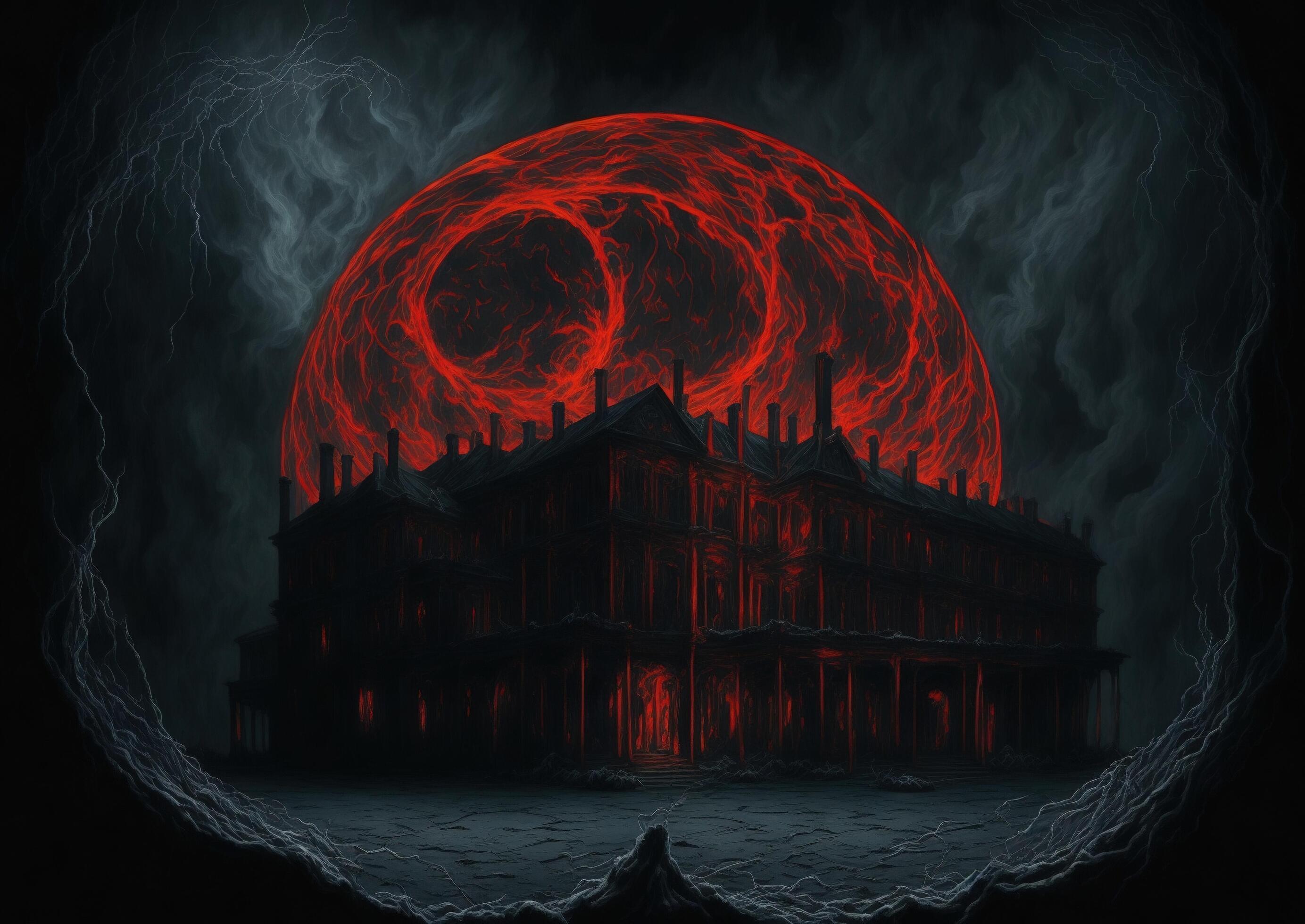 Illustration Of A Scary Building With A Red Moon In The Background With A Creepy And Scary