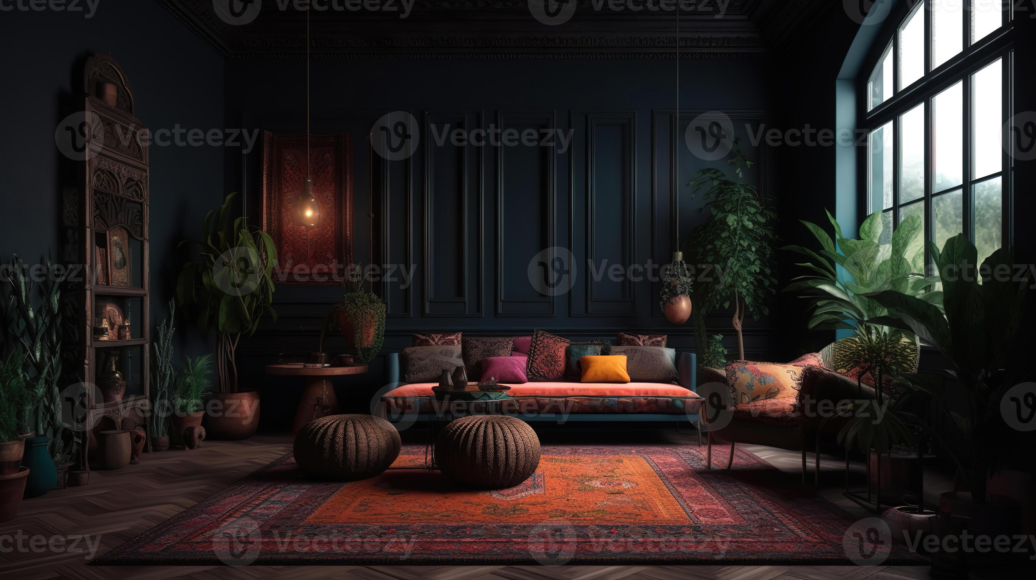 Dark home interior, ethnic style living room. 23802896 Stock Photo at Vecteezy