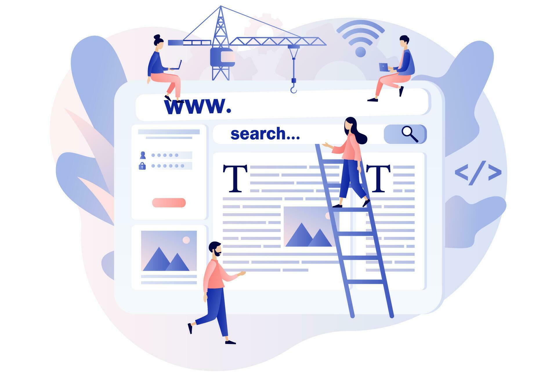 Web design concept. Building webpage. Tiny people design website ...