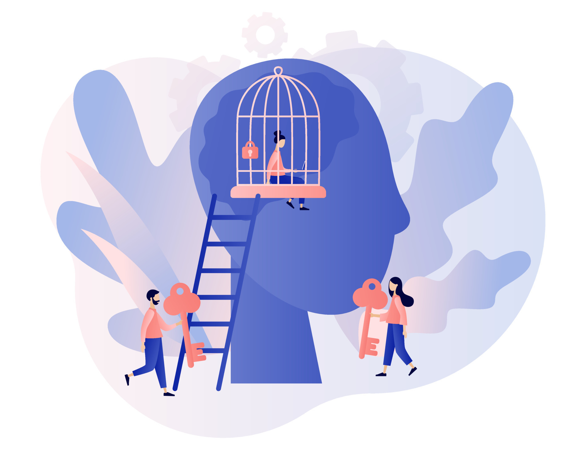 Freedom concept. Tiny woman in cage mind. Psychological prison. Comfort zone metaphor. Inner ...