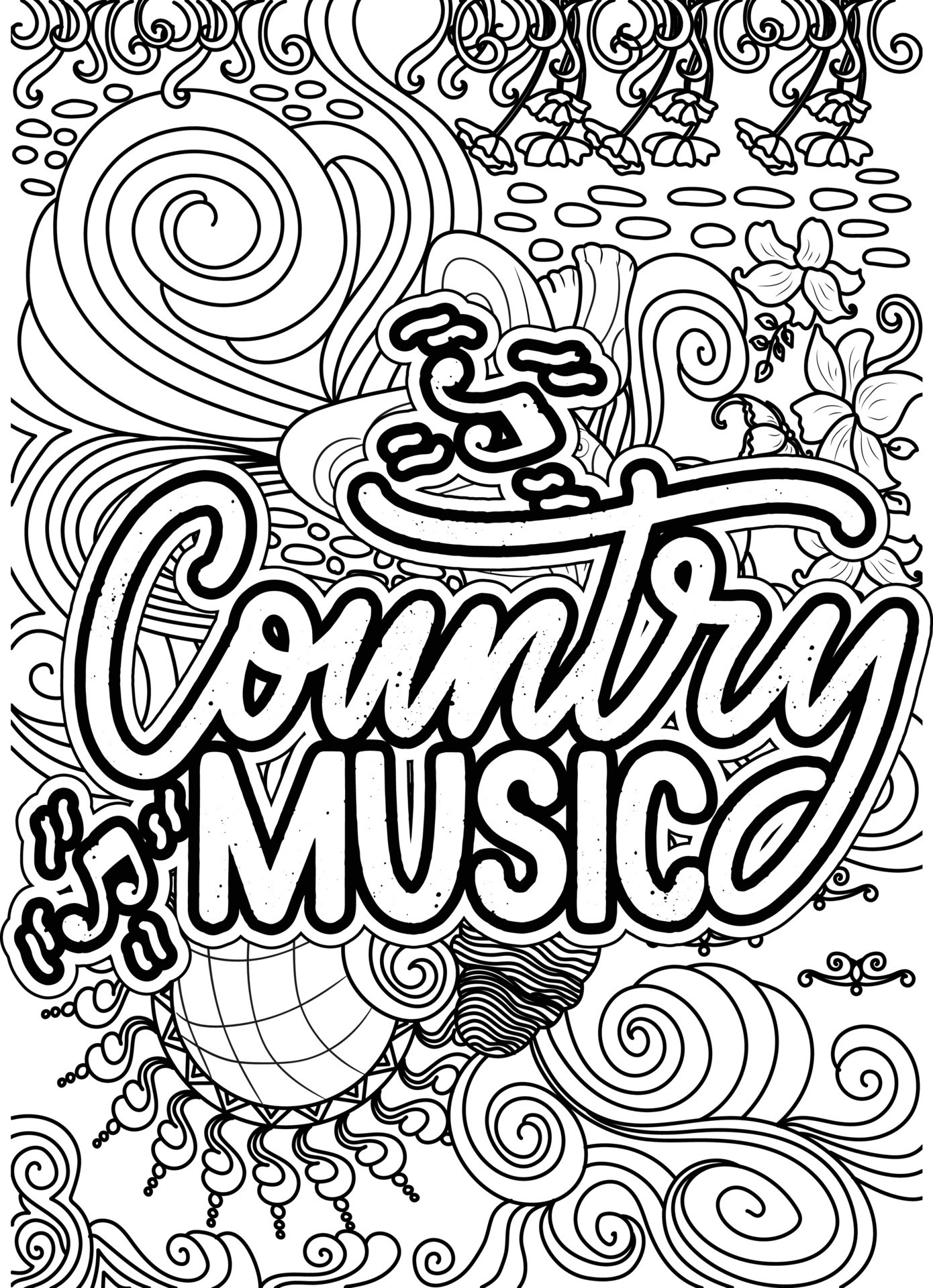 Country music, motivational quotes coloring pages design. Music words ...