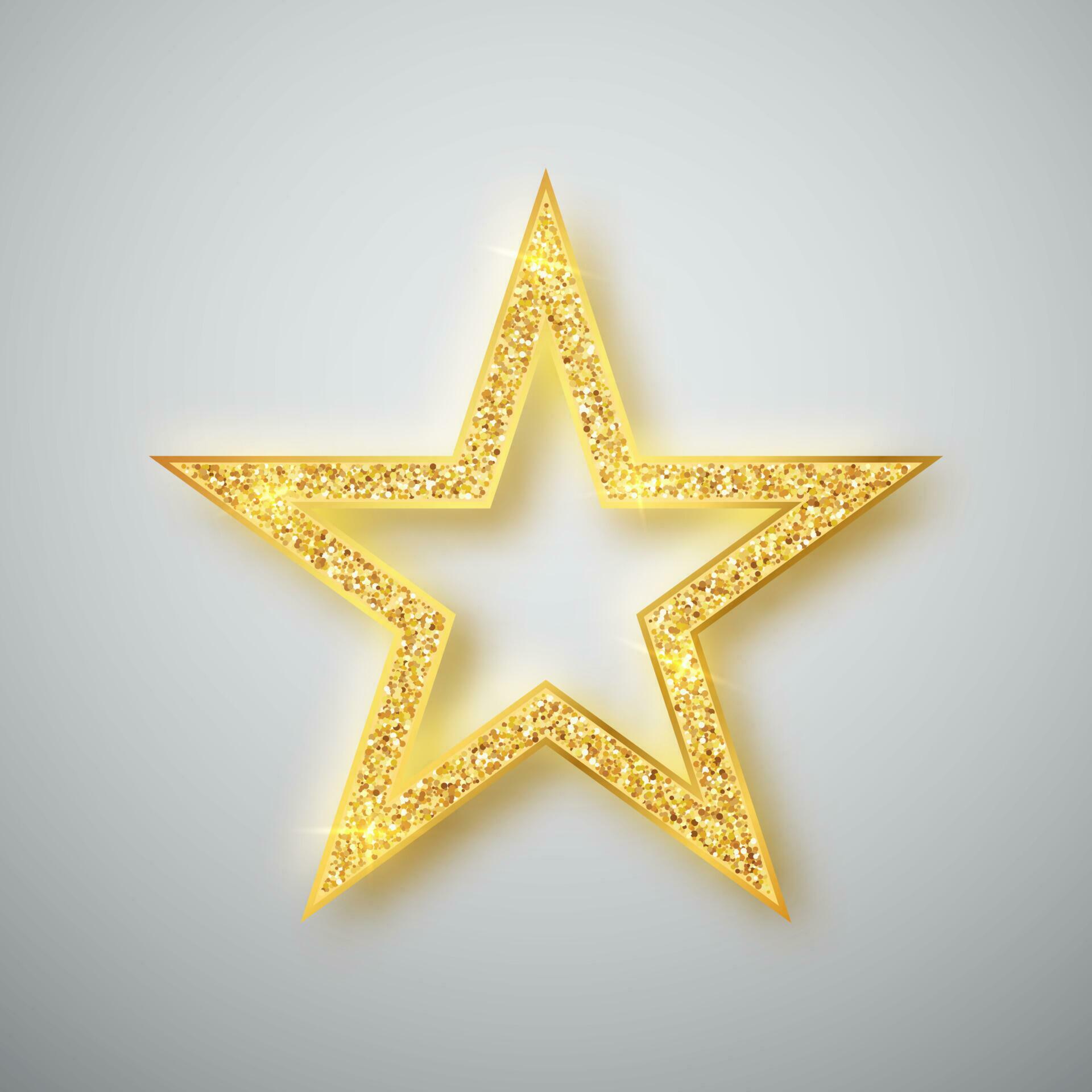 Gold shiny glitter glowing star with shadow isolated on gray background. Vector illustration ...