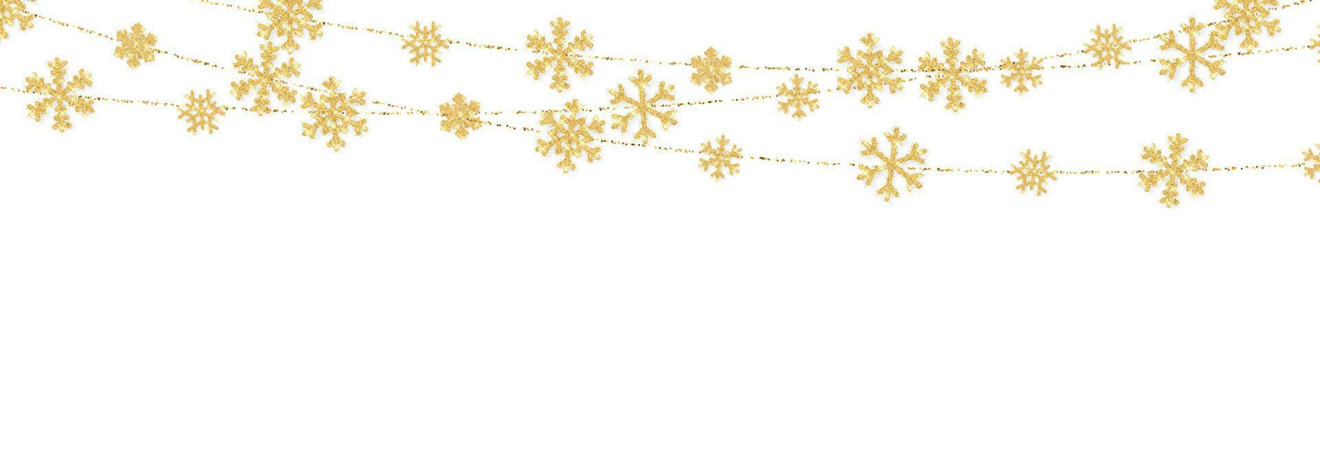 Christmas or New Year golden snowflake decoration garland on white background. Hanging glitter ...