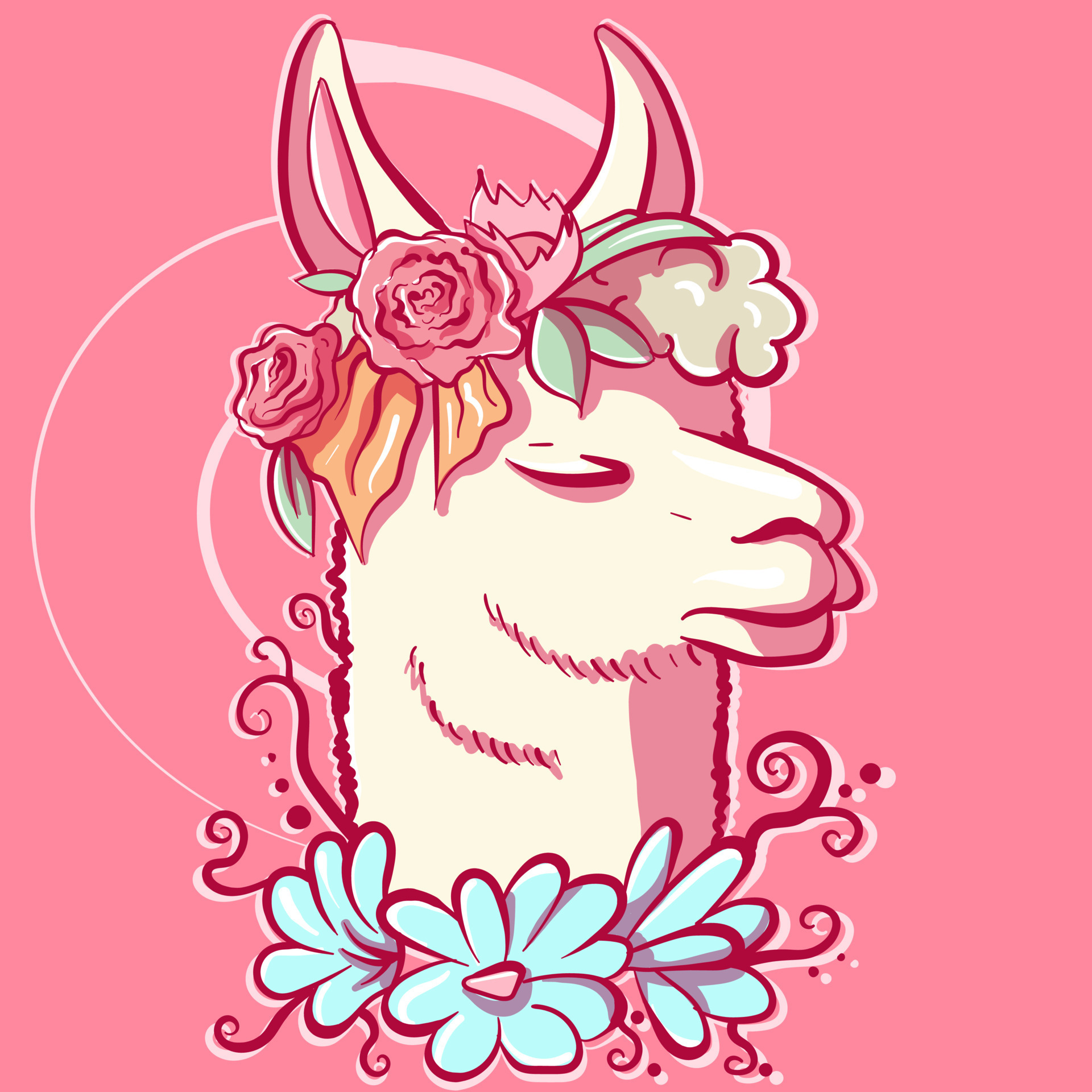 Pastel illustration of a pink llama with flower decorations around her ...