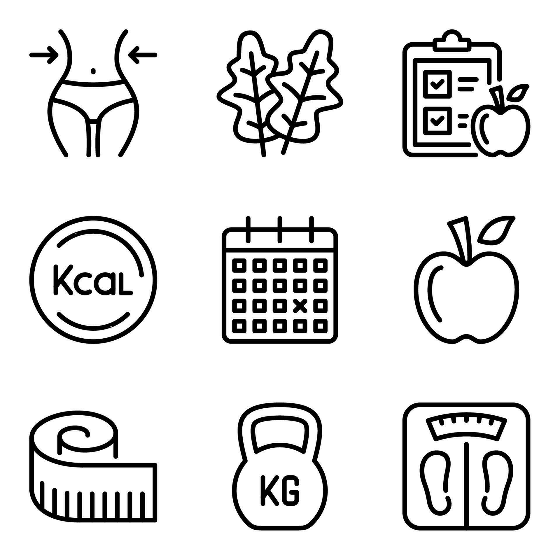 Set of diet line icons. overweight, slim, plan, workout, icon set, gym ...