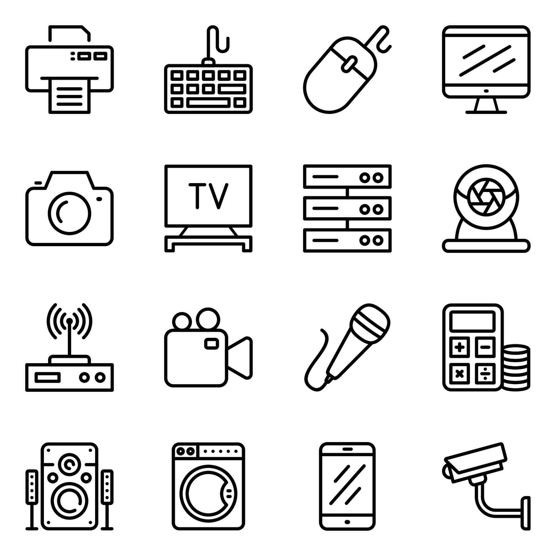 electronic and device line icons set. server, speaker, television, monitor, tv, desktop ...