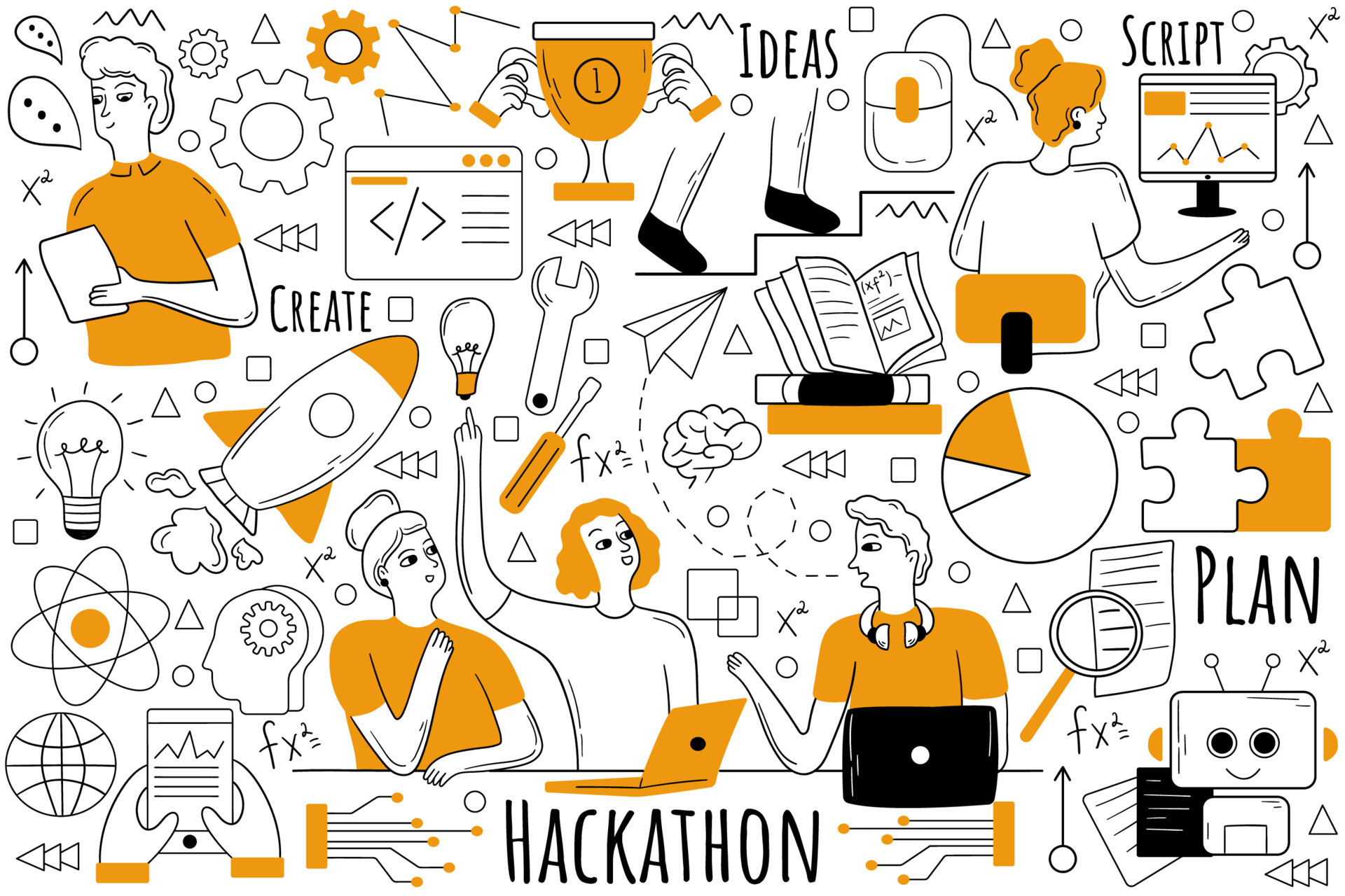 Hackathon Doodle Set Collection Of Hand Drawn Sketches Template Patterns Of Team Of Programmers 2047
