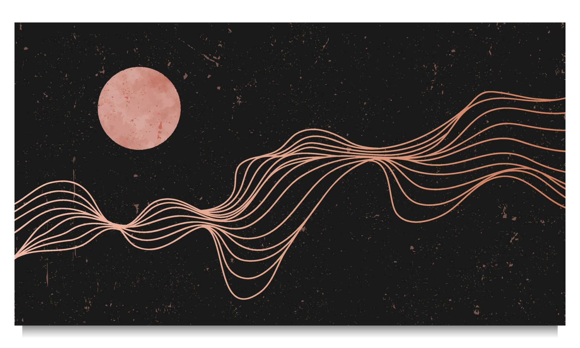 Hand drawn style of creative minimalist modern line art print with the red moon. Abstract ...