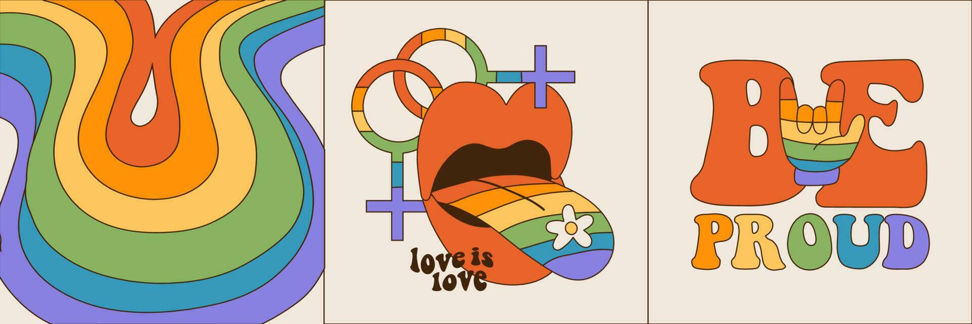 Set of retro greeting cards for LGBTQIA Pride Month 2023. Square Social ...