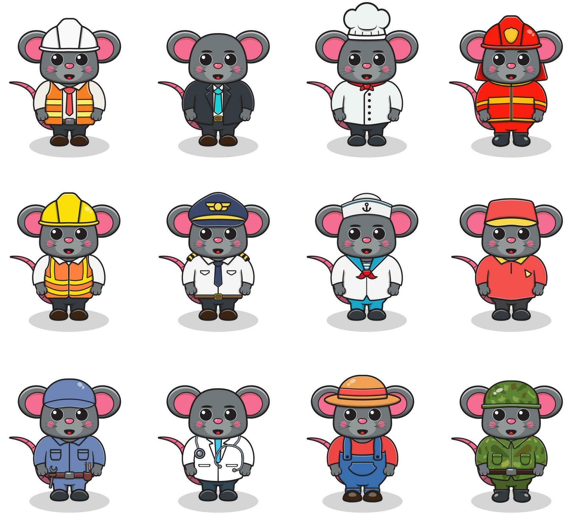 Vector set of cute Mouse with different professions. Cartoon cute Mouse ...