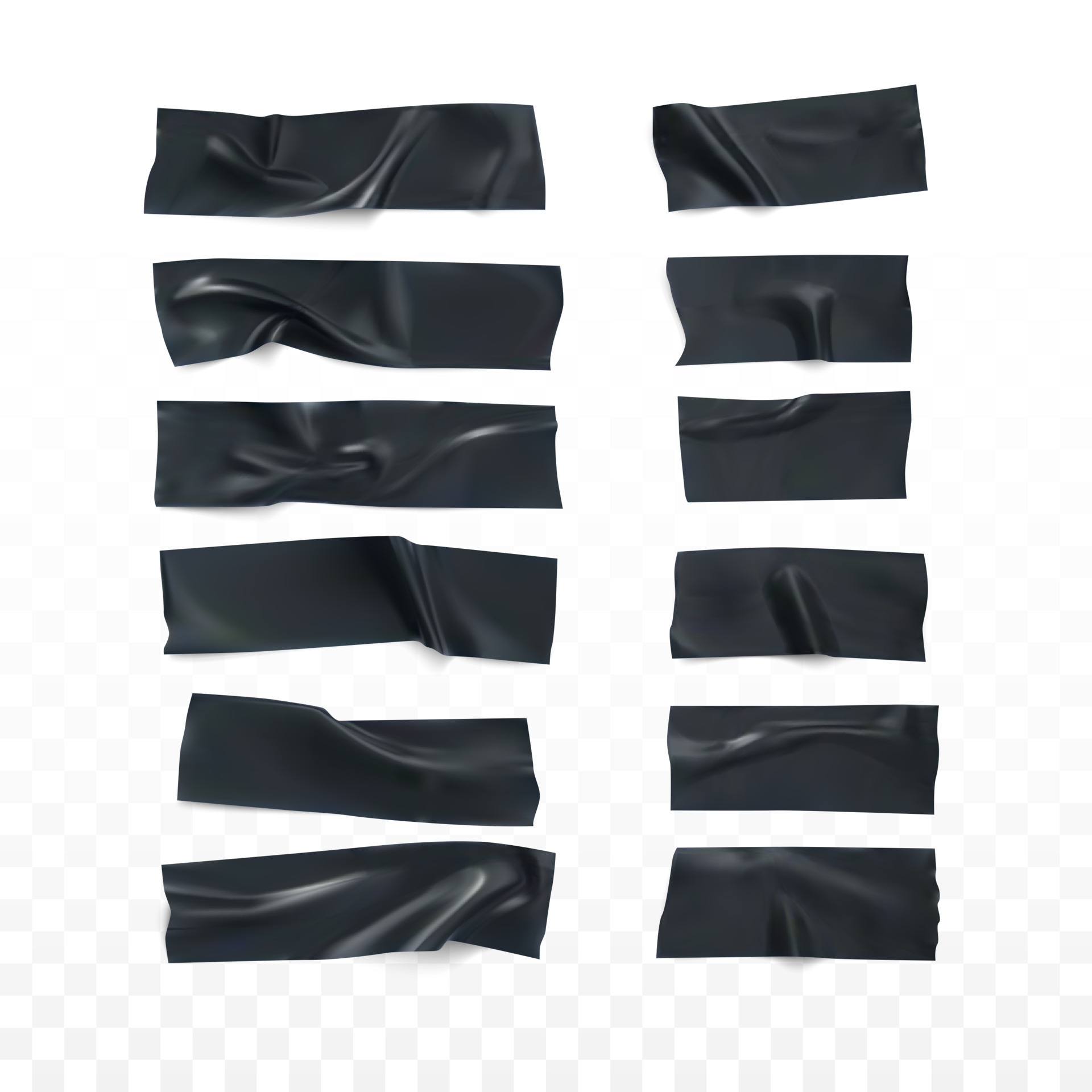 Realistic black wrinkled insulating tape strip set. Sticky scotch. Duct ... Realistic black wrinkled insulating tape strip set. Sticky scotch. Duct ...