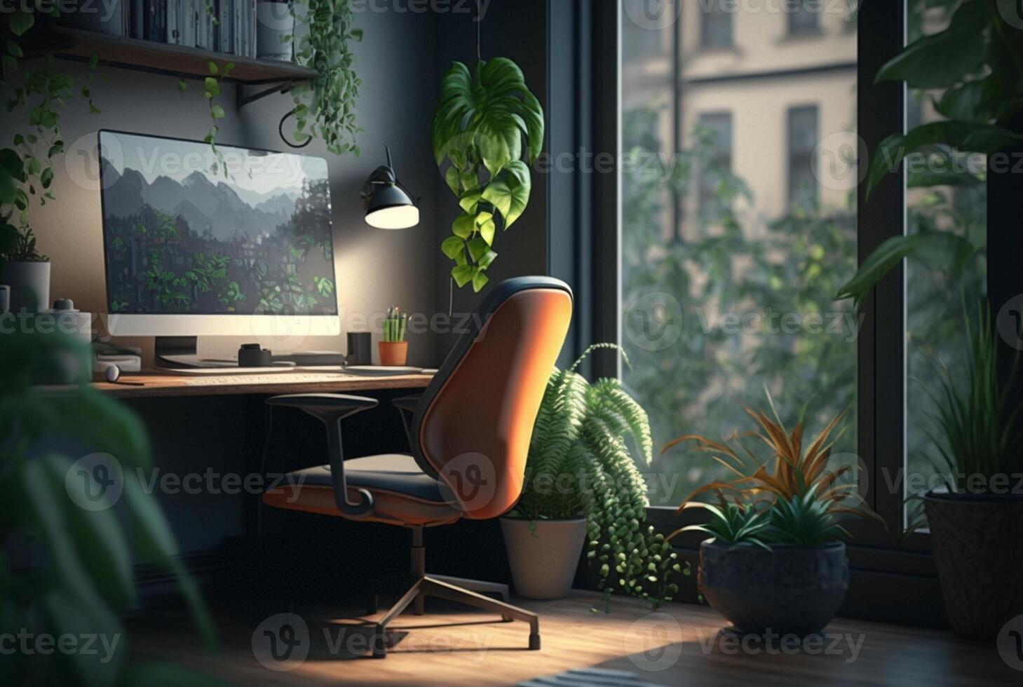 Cozy home office interior featuring furniture, houseplants and large windows to let in natural ...