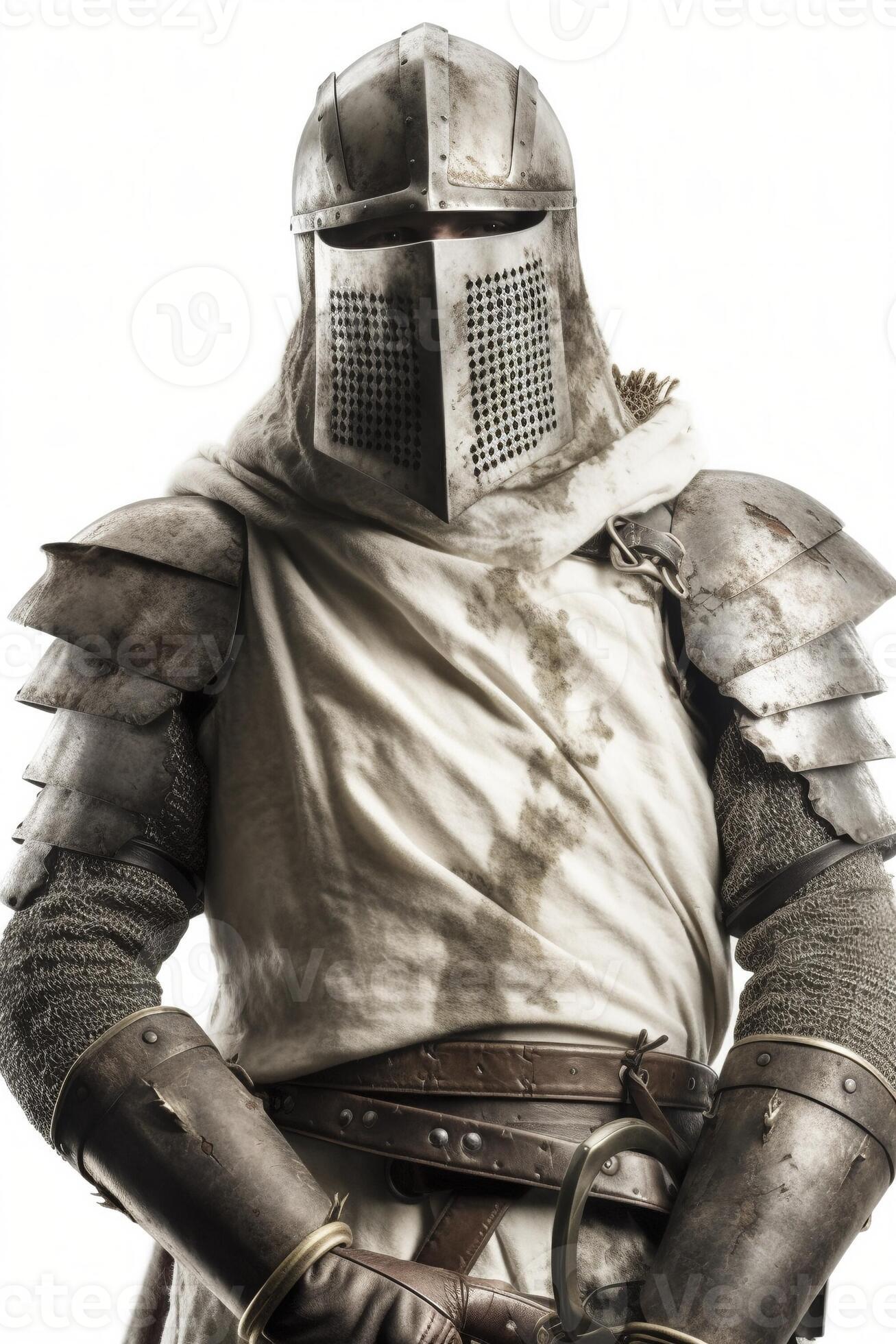 Front view of medieval crusader knight helmet, isolated on white ...